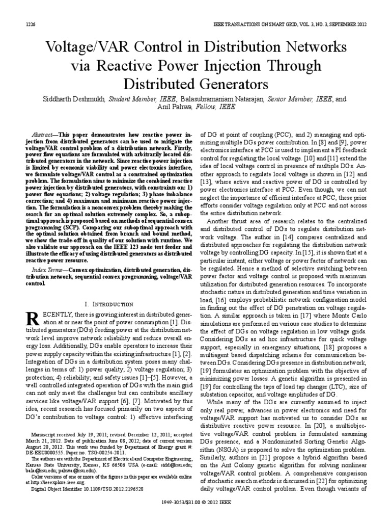 Voltage Var Control In Distribution Networks Via Reactive Power Injection Through Distributed