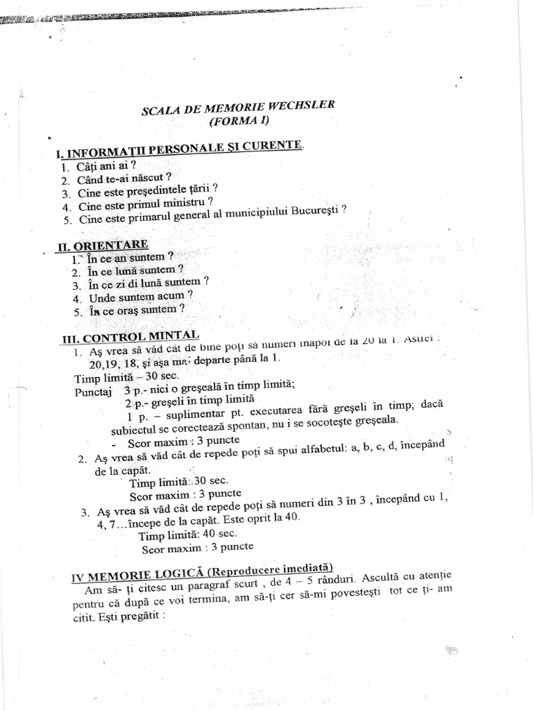 Scala de Memorie Wechsler | PDF