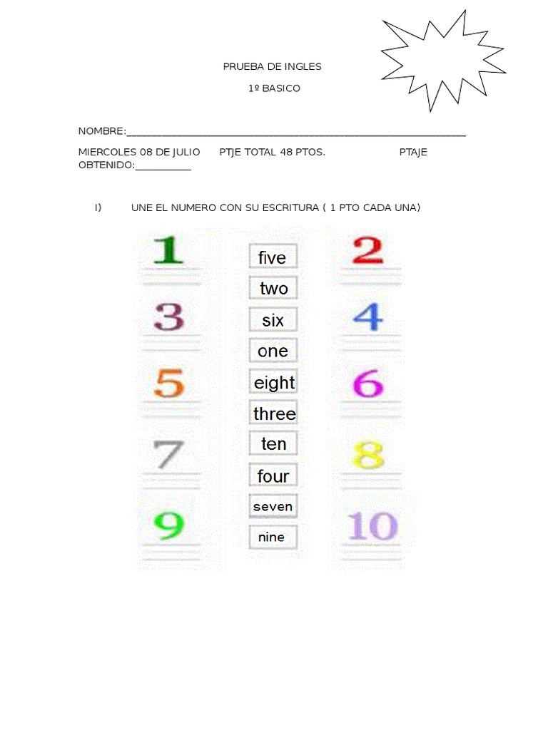 Prueba de Ingles Numeros y Colores | PDF