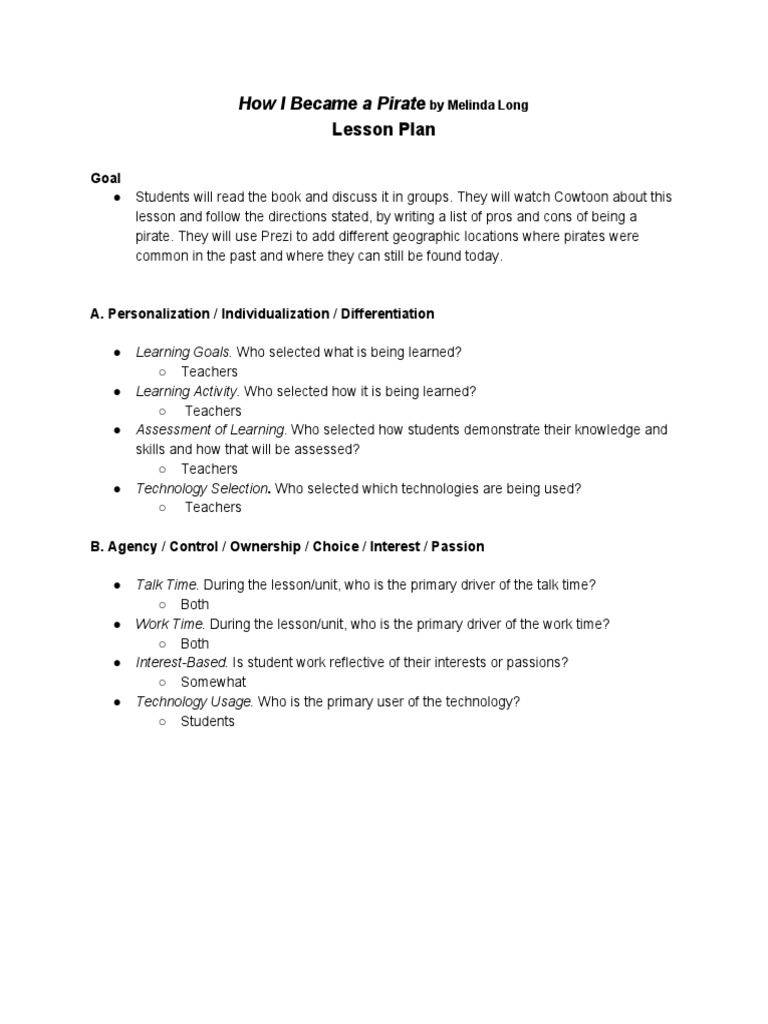 How I Became A Pirate: Lesson Plan | PDF | Metacognition | Educational ...