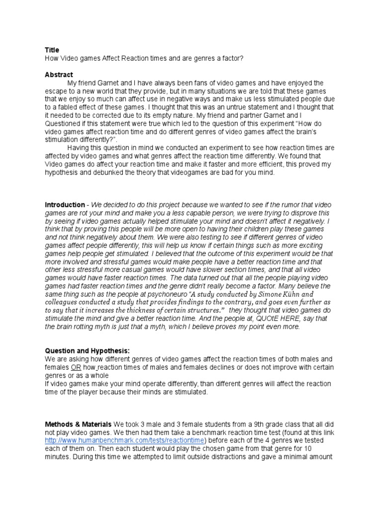 Video Games and Reaction Time Study | PDF | Experiment | Cognitive Science