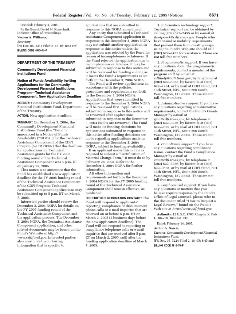 Notice: Grants and Cooperative Agreements Availability, Etc.: Community Development Financial ...