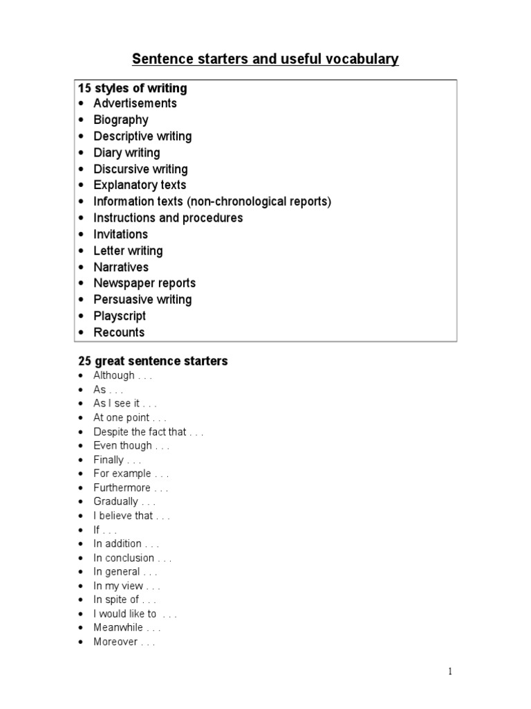 Sentence Starters for Various Writing Styles | PDF