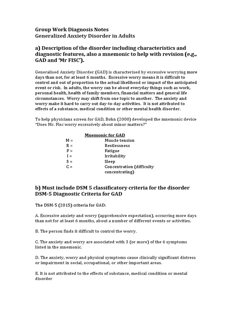 GAD Diagnosis and Mnemonic Guide | PDF | Generalized Anxiety Disorder ...
