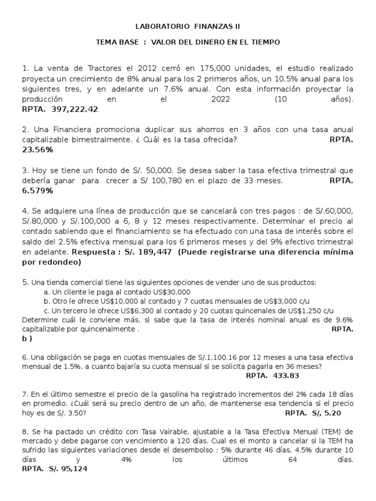 Laboratorio Finanzas II - Valor Del Dinero | PDF | Interés | Bancos