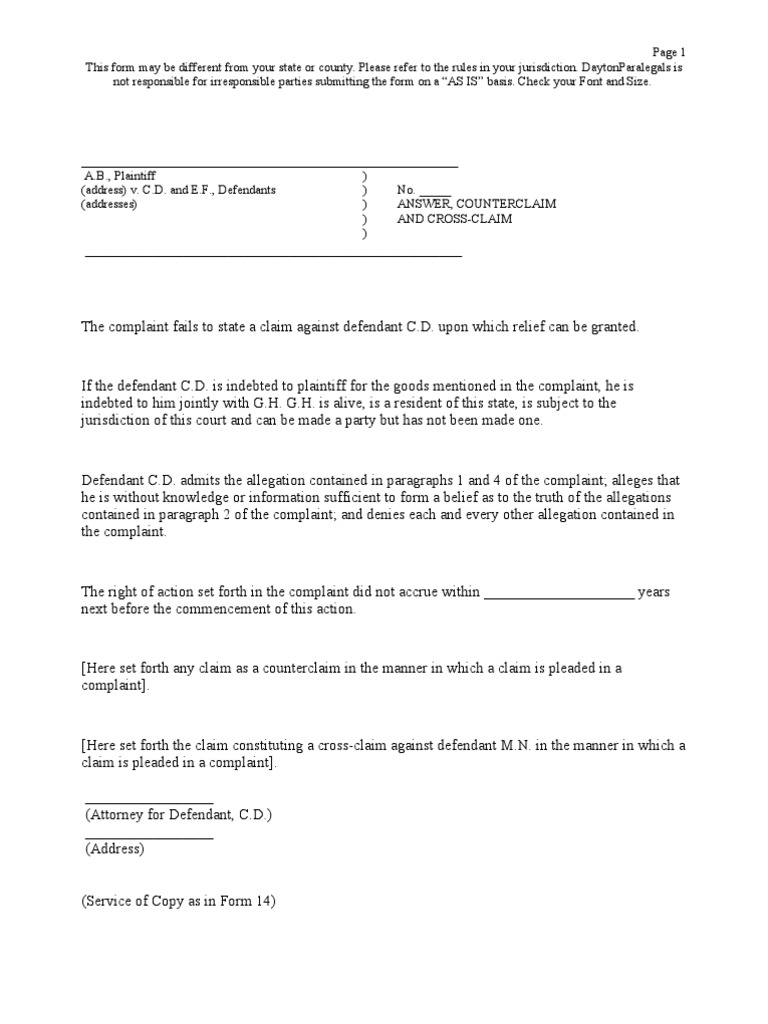 Answer, Counterclaim, and Cross-Claim Form | PDF | Demurrer | Complaint