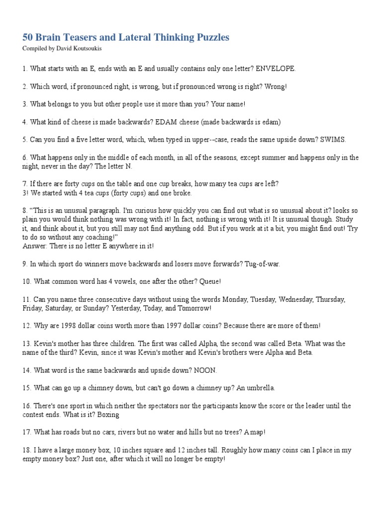 50 Brain Teasers and Lateral Thinking Puzzles | Download Free PDF | Leisure