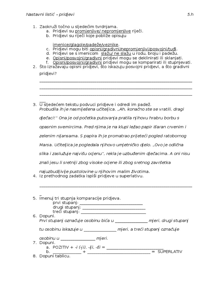 Pridjevi - Vježba Za 5 Razred Osnovne Škol | PDF