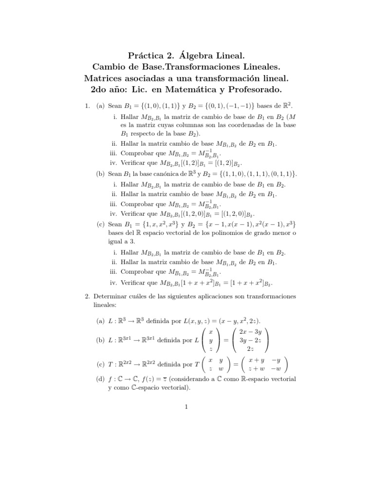 Ejercicios Transformaciones Lineales | PDF | Mapa lineal | Matriz (Matemáticas)