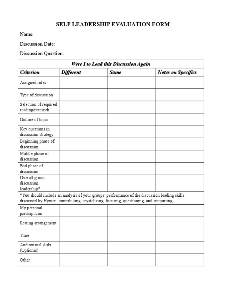 Self Leadership Evaluation Form: Name: Discussion Date: Discussion ...