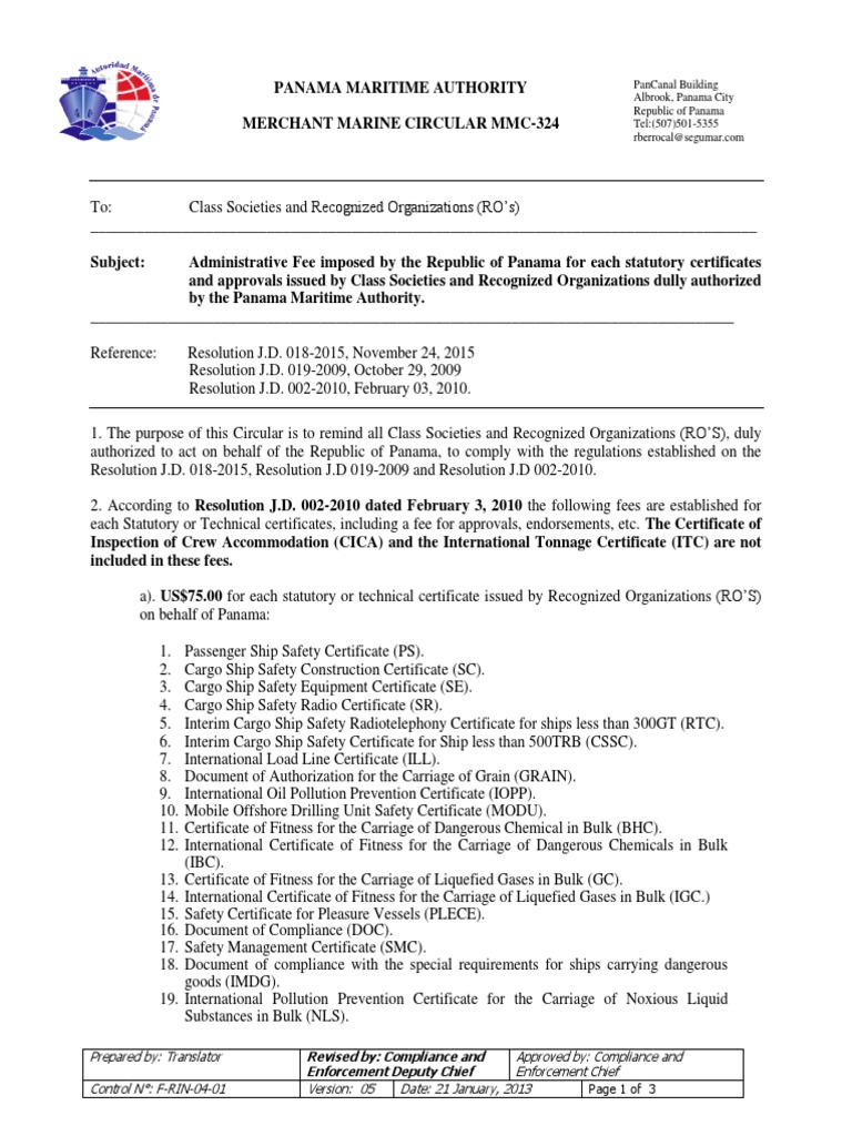 Panama Maritime Authority Certificate Fees | PDF | Cargo Ship | United ...