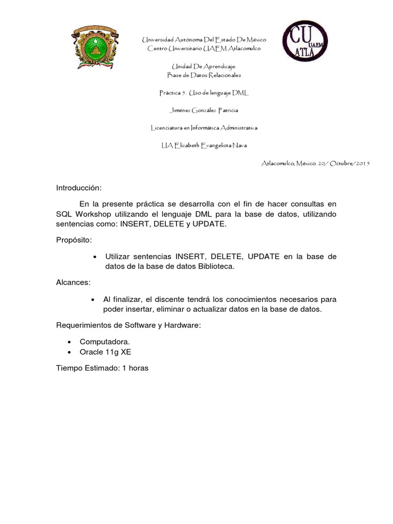 Práctica 5. Uso de Lenguaje DML | PDF | SQL | Tabla (base de datos)