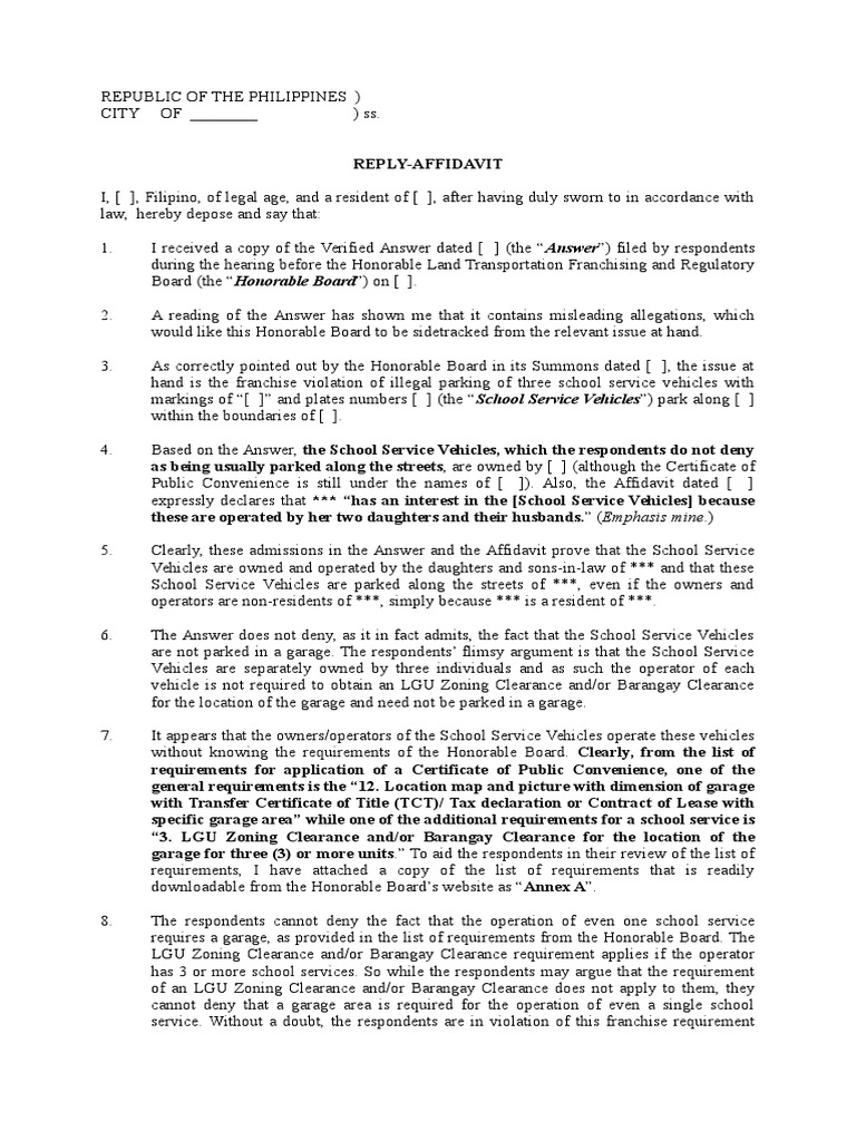 Reply-Affidavit - LTFRB Sample | Affidavit | Complaint