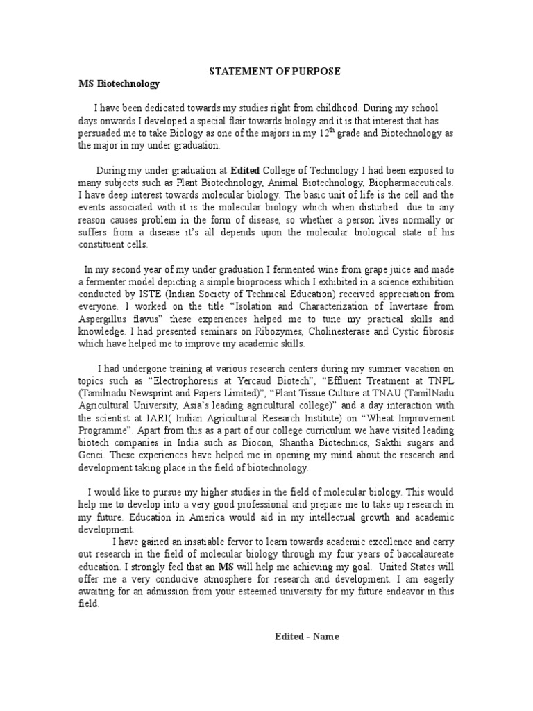 Statement of Purpose Biotechnology | Biotechnology | Earth & Life Sciences