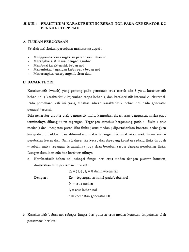 Karakteristik Beban Nol Pada Generator DC Penguat Terpisah | PDF ...