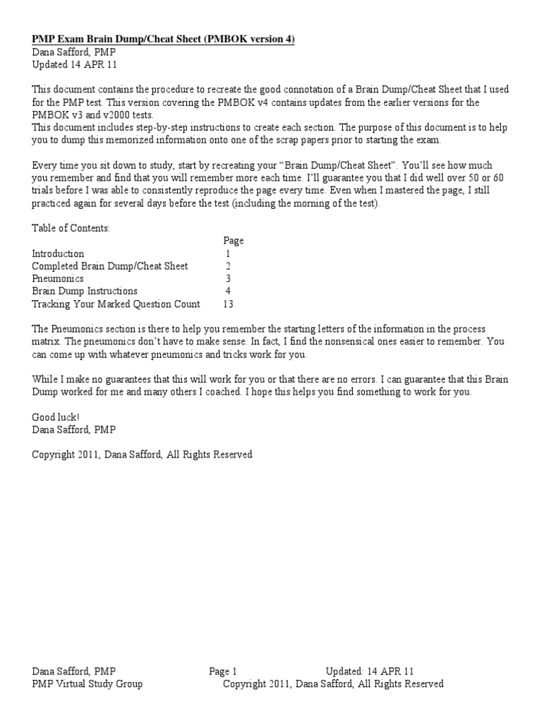 PMP Exam Brain Dump Sheet PM Lessons Learned Group | PDF | Motivation ...