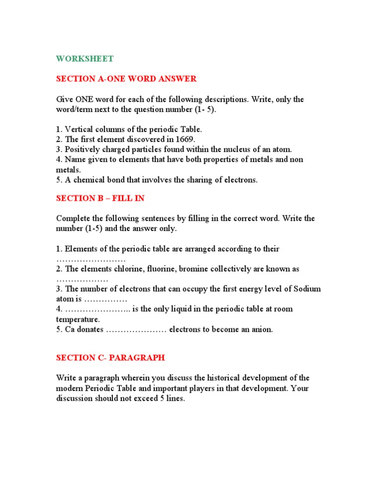 Section A-One Word Answer: Worksheet | PDF | Science & Mathematics