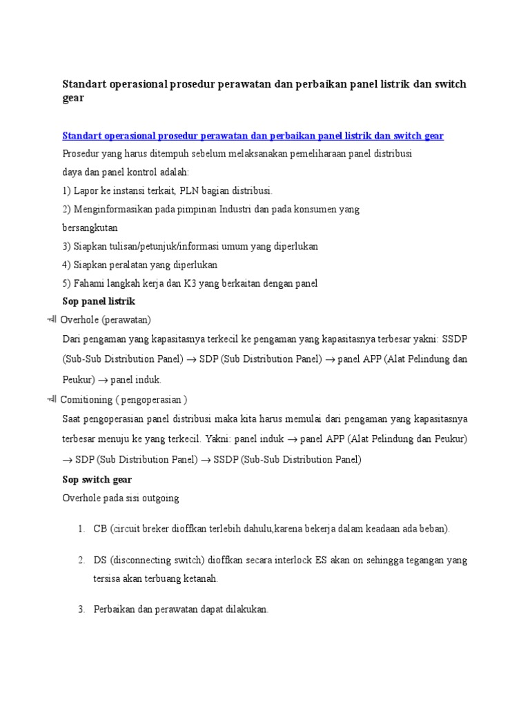Standart Operasional Prosedur Perawatan Dan Perbaikan Panel Listrik Dan ...