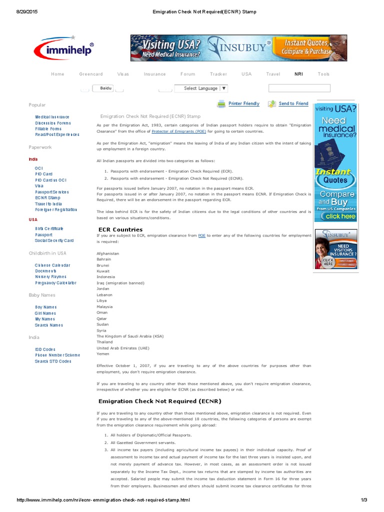 Emigration Check Not Required(ECNR) Stamp | Passport | Travel Visa