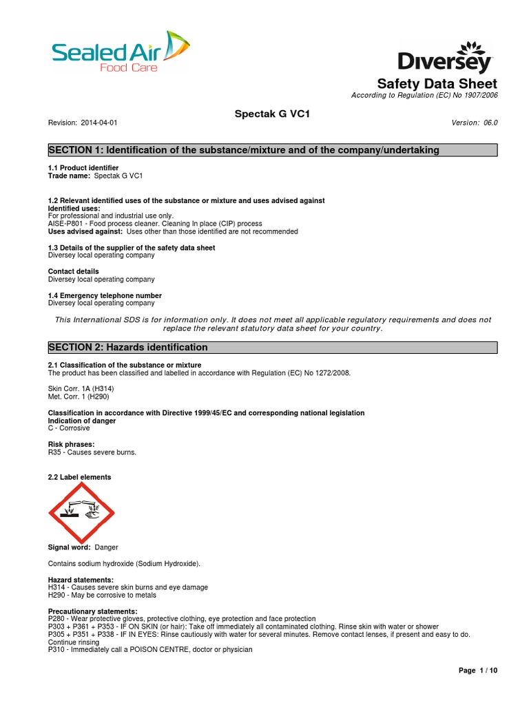 Spectak G VC1 Safety Data Sheet | PDF | Toxicity | Dangerous Goods