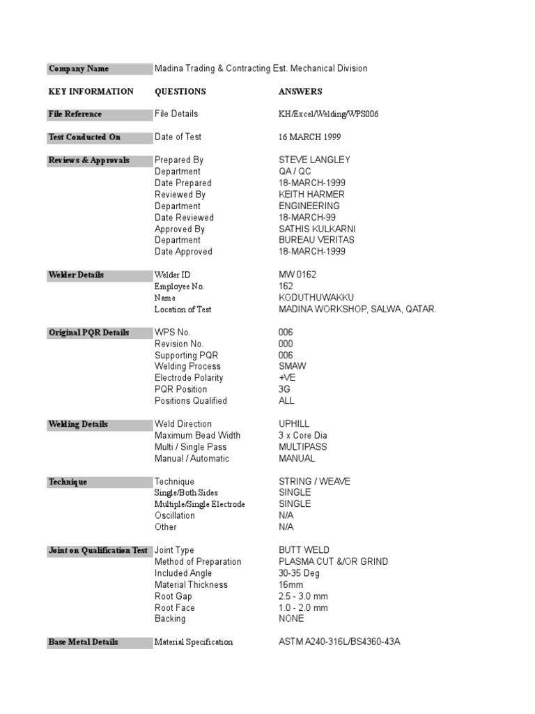 WPS - 006 | PDF | Welding | Construction