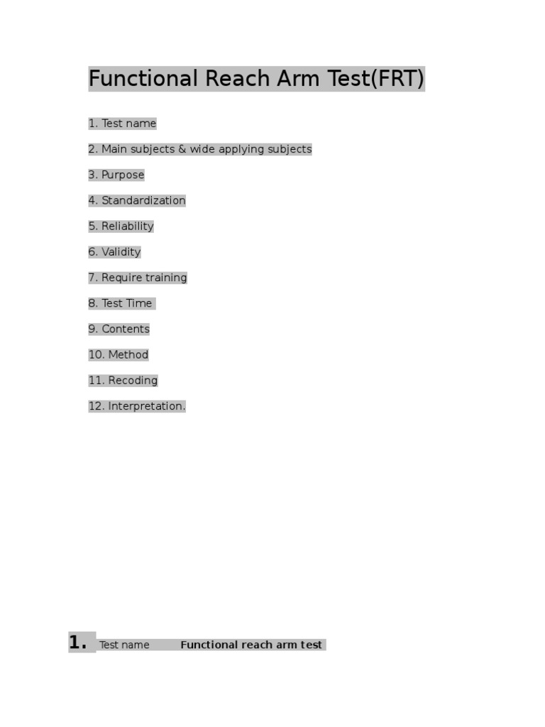 Functional Reach Arm Test (FRT) | PDF | Balance (Ability) | Medical ...