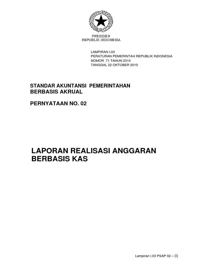 SAP PP 71 THN 2010 Lampiran I.03 PSAP 02 Laporan Realisasi Anggaran Berbasis Kas PDF | PDF