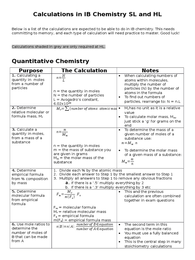Calculations For IB Chemistry | PDF | Acid Dissociation Constant | Mole ...