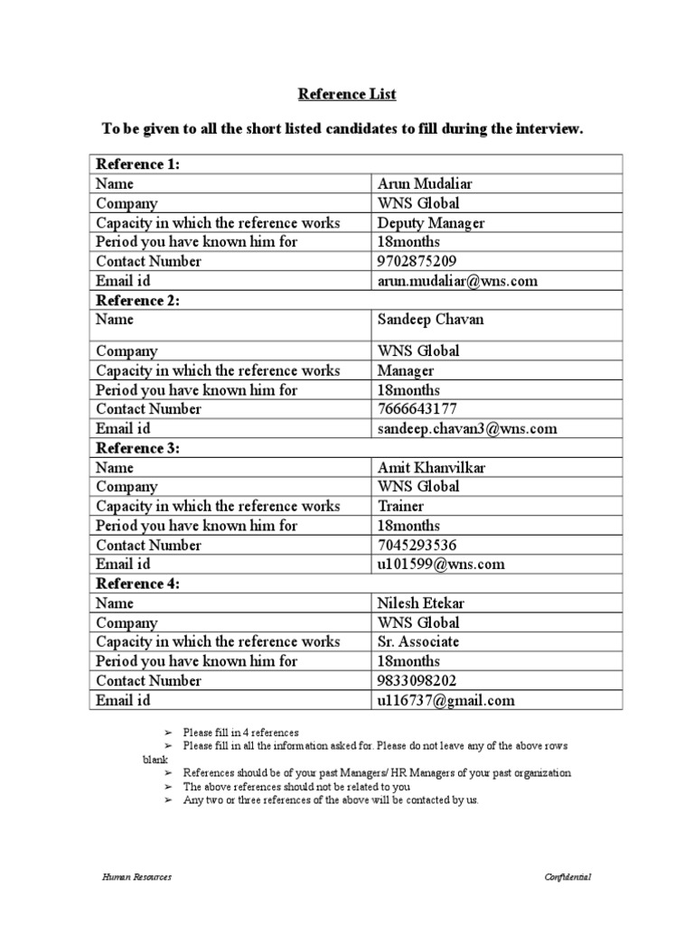 Reference List To Be Given To All The Short Listed Candidates To Fill ...