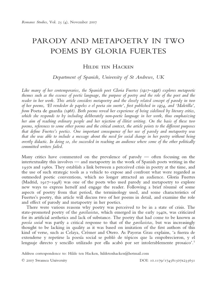 Parody and Metapoetry in Two Poems by Gloria Fuertes by Hilde Ten ...