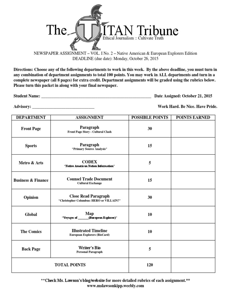 Newspaper Assignment Rubric Vol 1 No 2 | PDF | Newspapers | Rubric ...