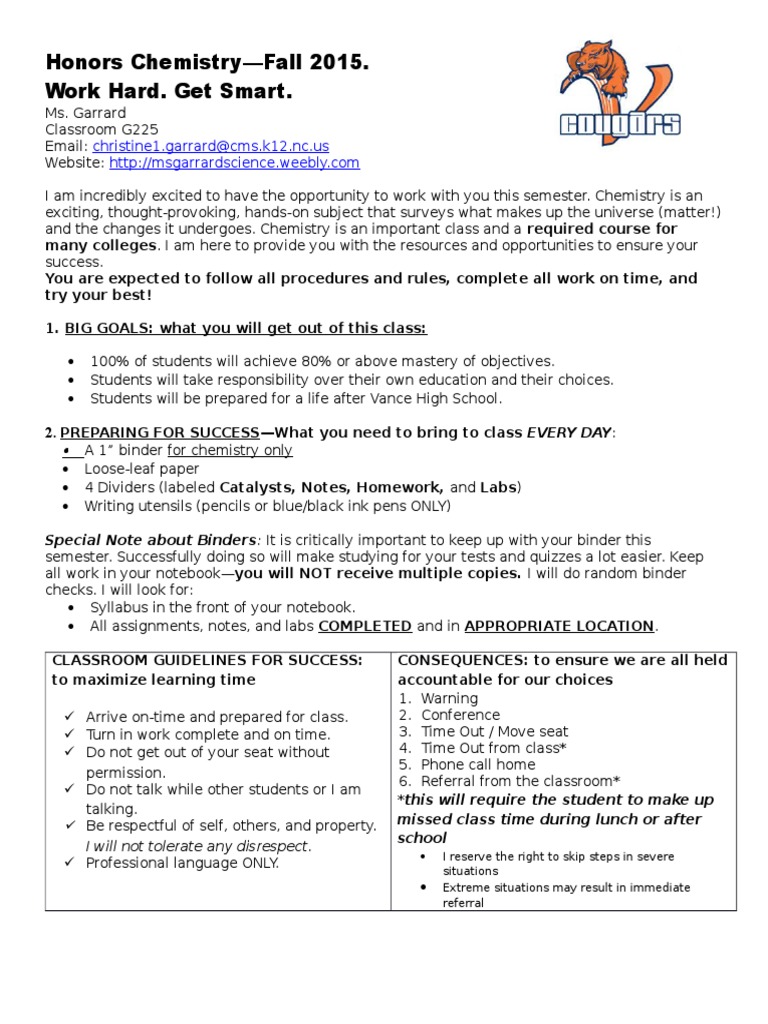 Honors Chemistry Class Guidelines 2015 | PDF | Classroom | Test ...