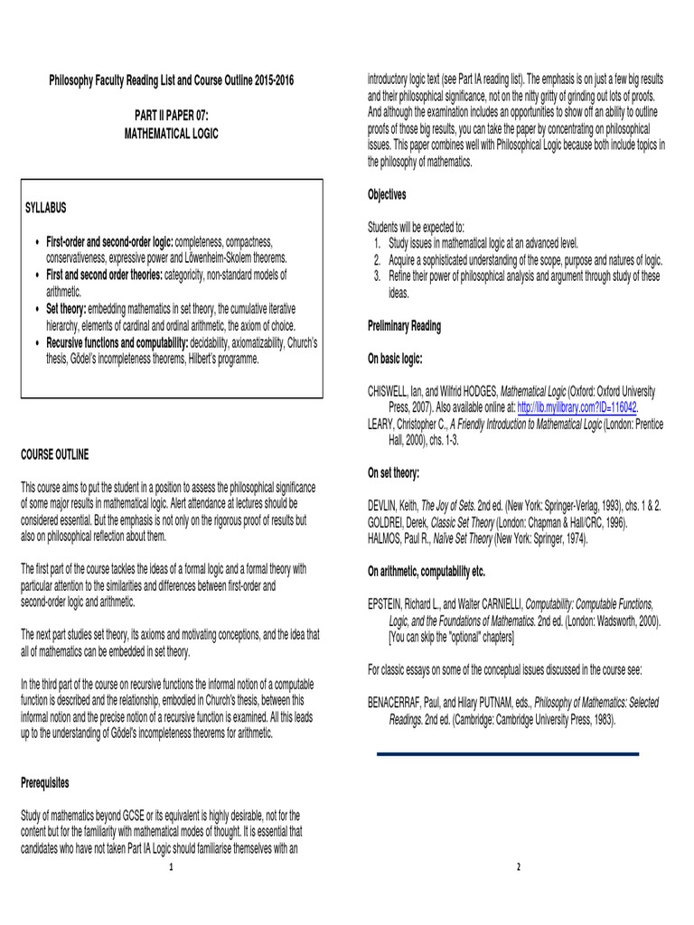 Philosophy & Math Logic Course Guide | PDF | Mathematical Logic | Computability Theory