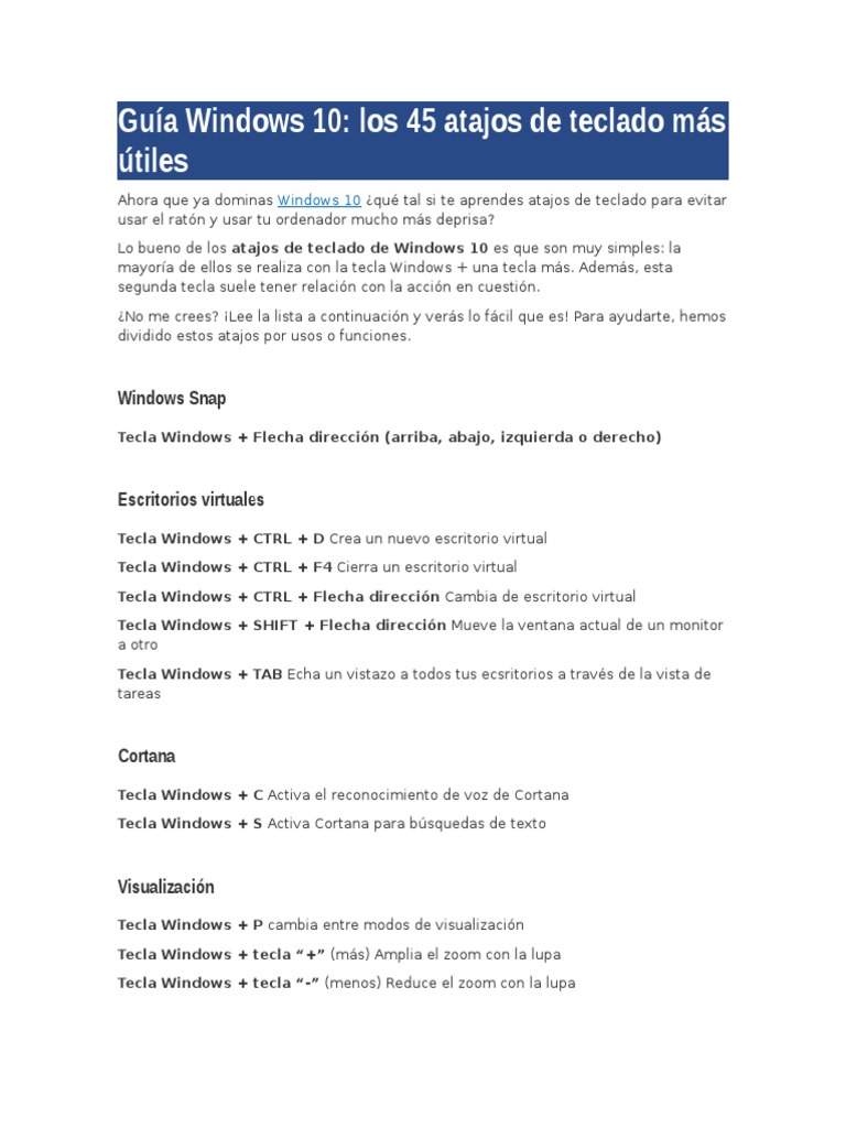 Atajos de Teclado Esenciales en Windows 10 | PDF | Microsoft Windows ...
