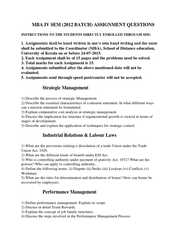 Mba Iv Sem (2012 Batch) Assignment Questions: Instructions To The Students Directly Enrolled ...
