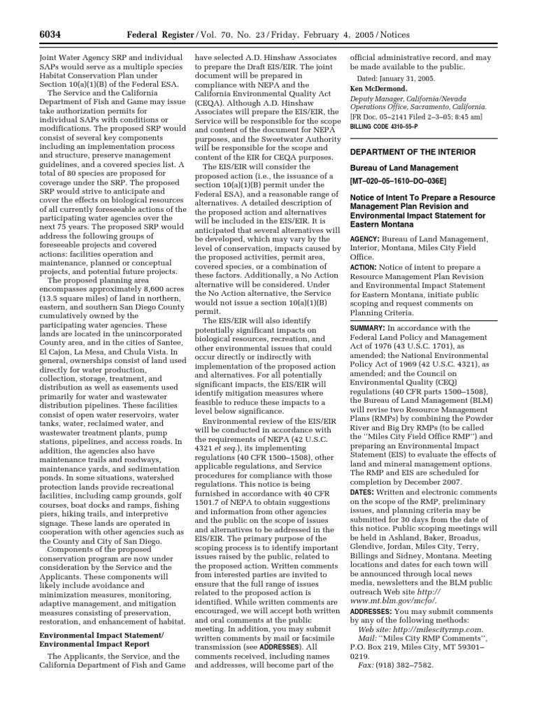 Notice: Environmental Statements Notice of Intent: Eastern Montana ...