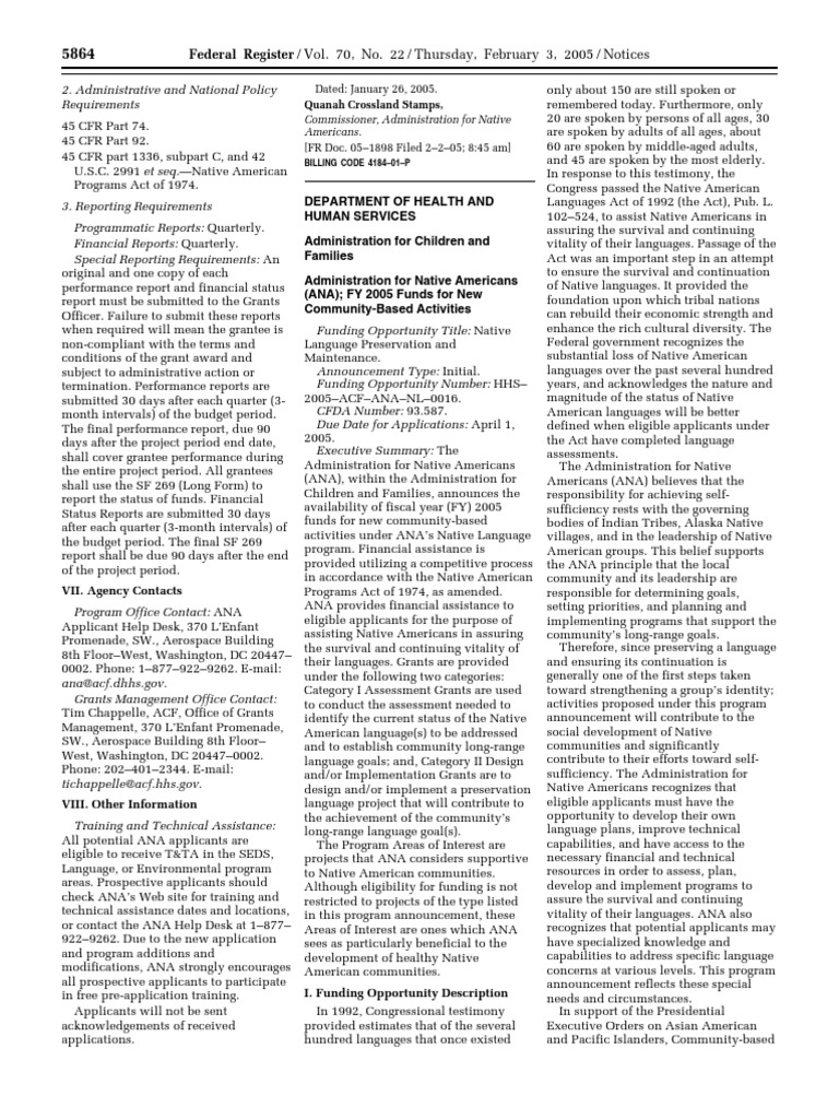 Notice: Grants and Cooperative Agreements Availability, Etc.: Native ...