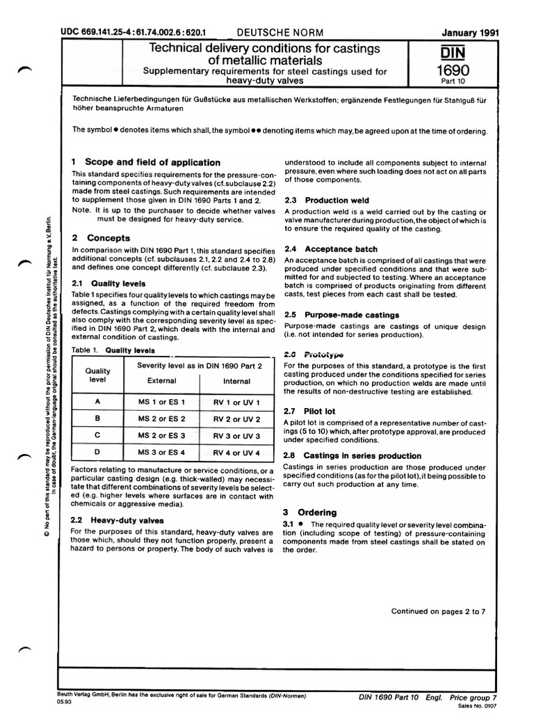 DIN 1690 P 10 - Technical Delivery Conditions For Castings of Metalic ...