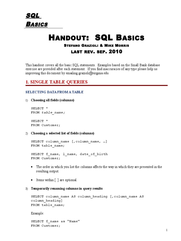 SQL Handout | PDF | Relational Database | Table (Database)