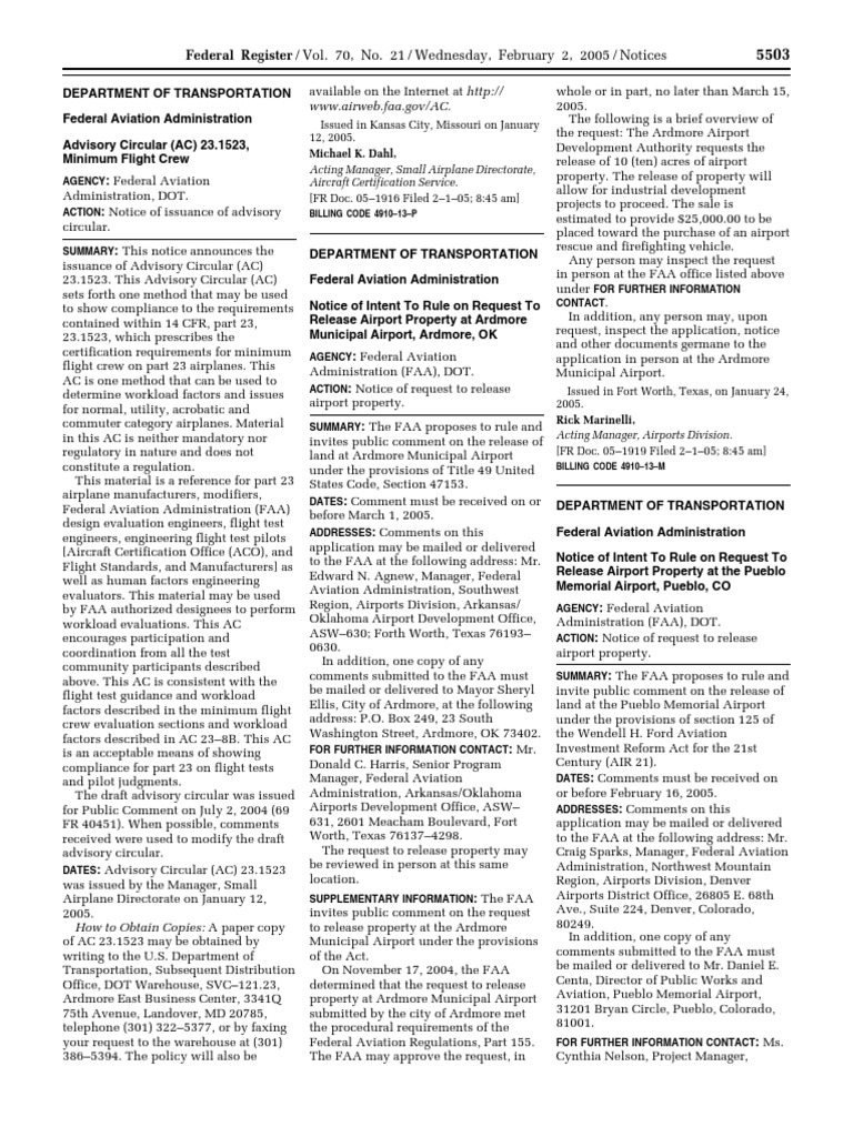 Notice: Administrative Regulations: Minimum Flight Crew On Part 23 ...