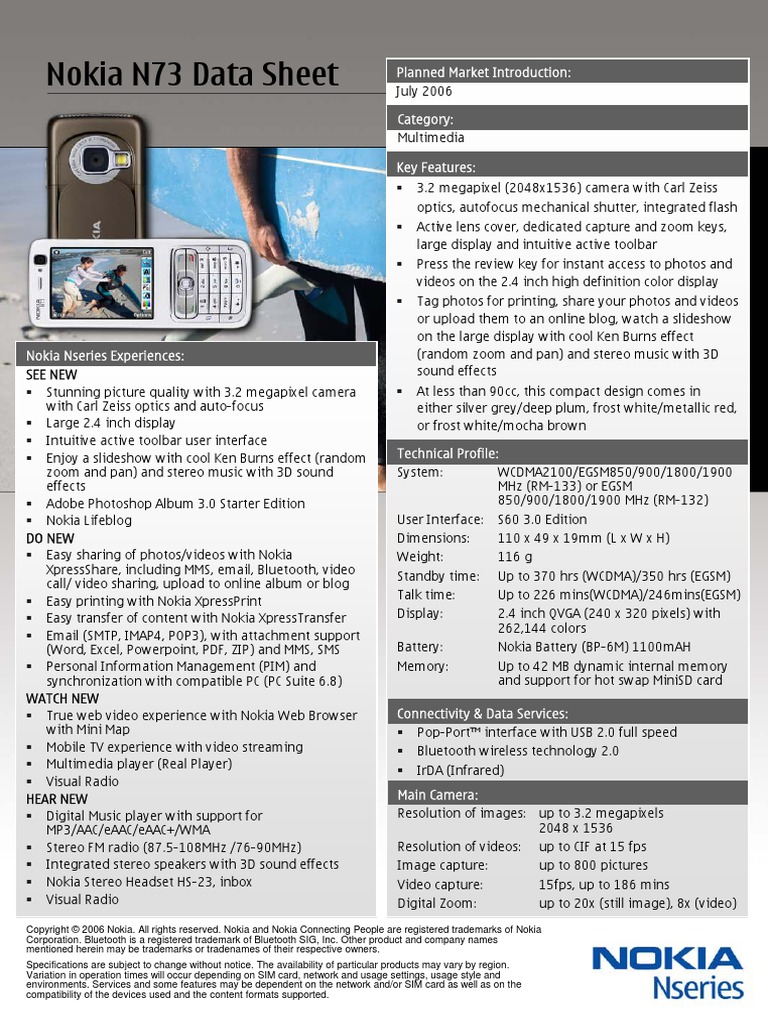 Nokia N73 Datasheet | PDF | Image Resolution | Video