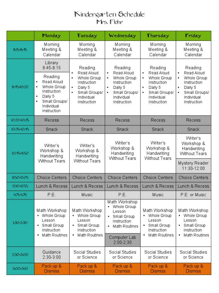 Kindergarten Weekly Class Schedule | PDF | Self-Improvement | Lifestyle