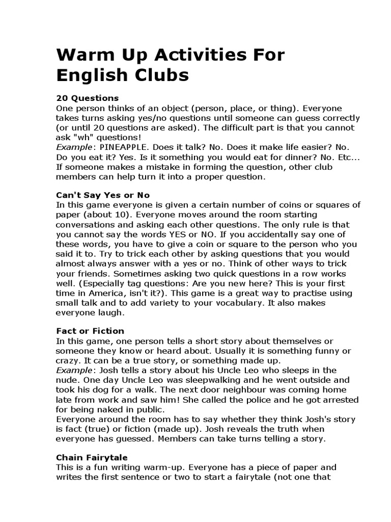Fun Warm-Up Activities for English Clubs | PDF | Question | Vocabulary
