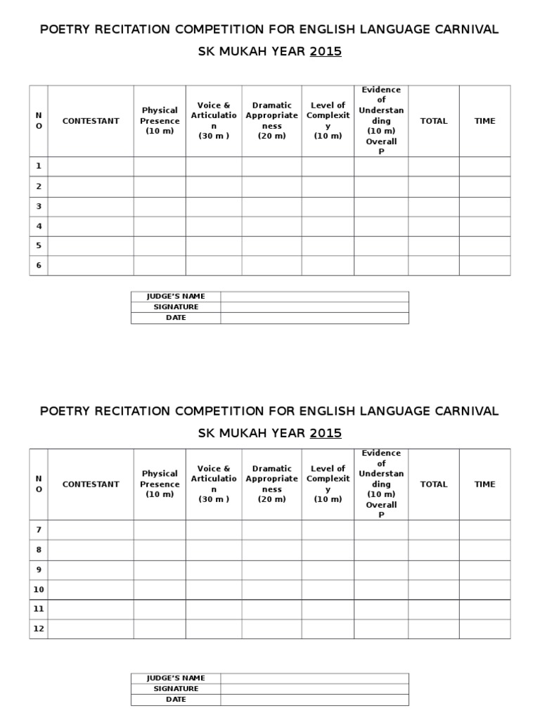 Poetry Recitation Judging Sheet | PDF