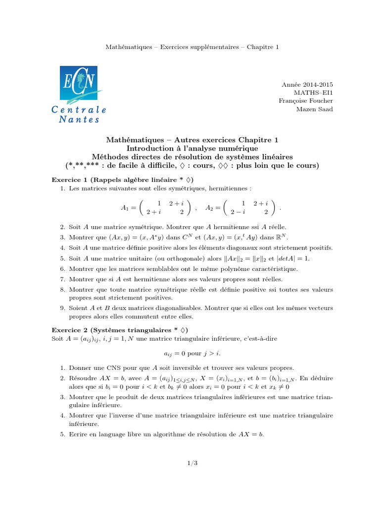 Exos Chapitre 1 PDF | PDF | Matrice (Mathématiques) | Fonctionnalités et modélisations