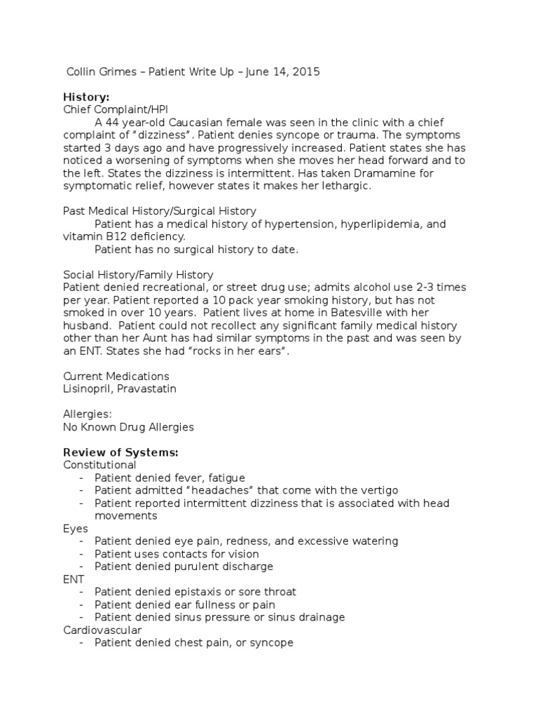 Collin Grimes Patient Write Up June 14 | PDF | Vertigo | Pulse