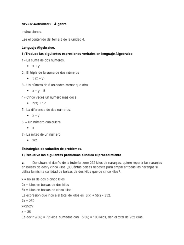 MIV-U2-Actividad 2. Álgebra | PDF