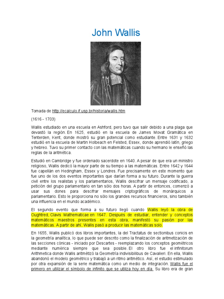 Biografia John Wallis | PDF | infinito | Objetos matemáticos