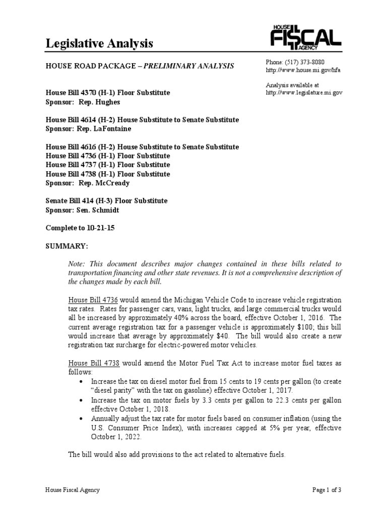 House Fiscal Agency: Legislative Analysis On Roads Package | PDF ...