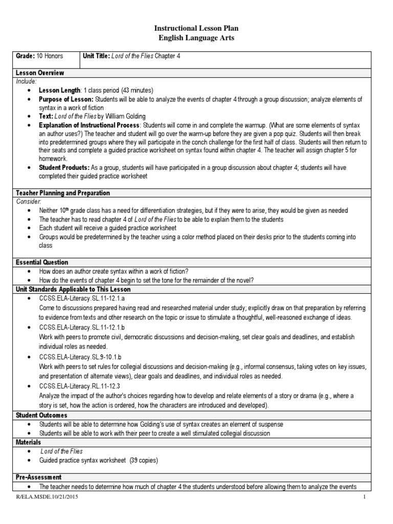 Instructional Lesson Plan English Language Arts: Include | PDF | Lesson ...